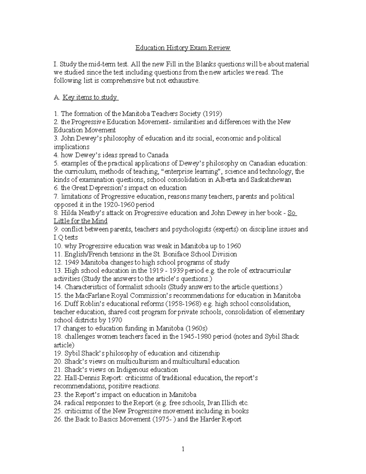 Fall 2022 EDUC - notes - Education History Exam Review I. Study the mid ...