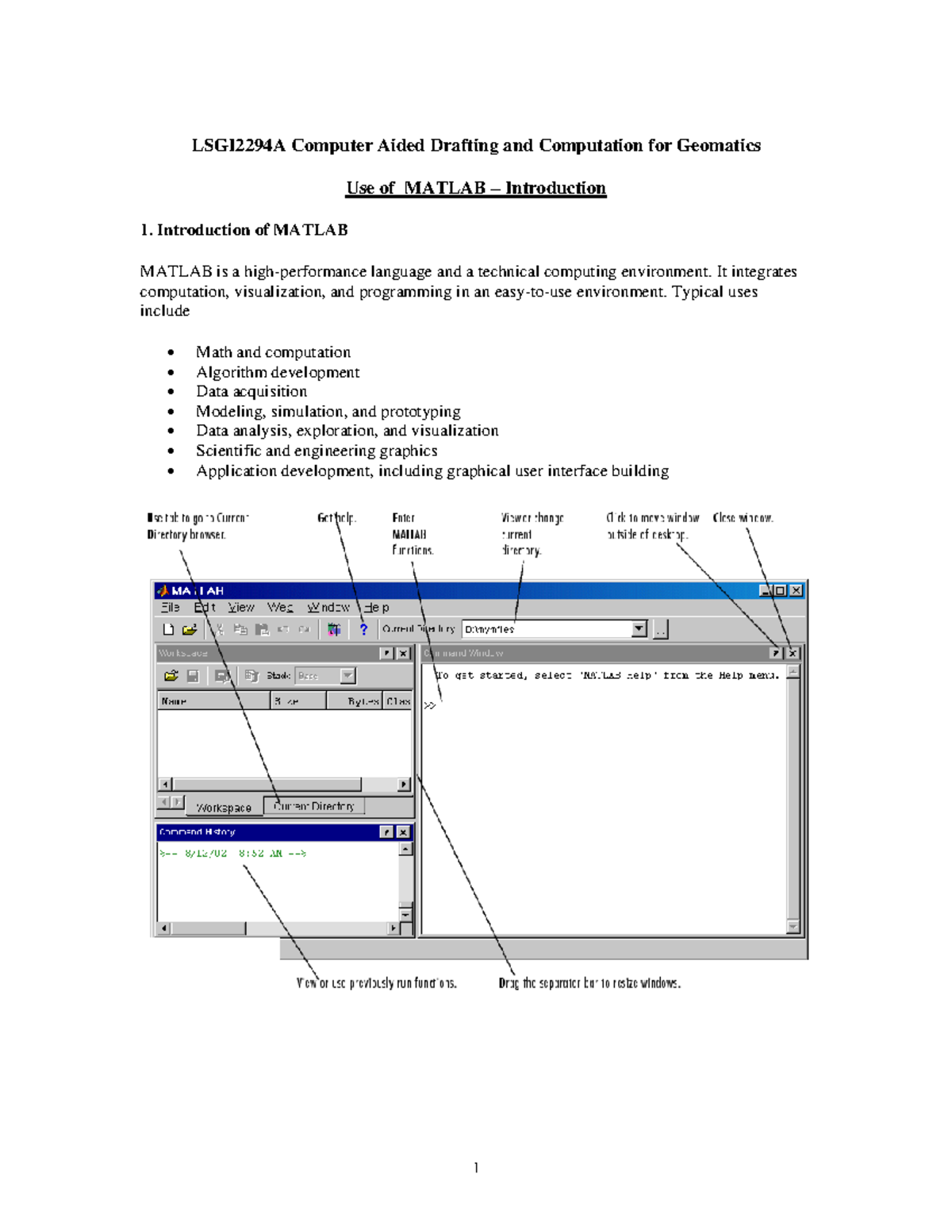 Matlab 01 - LSGI2294A Computer Aided Drafting and Computation for Geomatics Use of MATLAB - Studocu