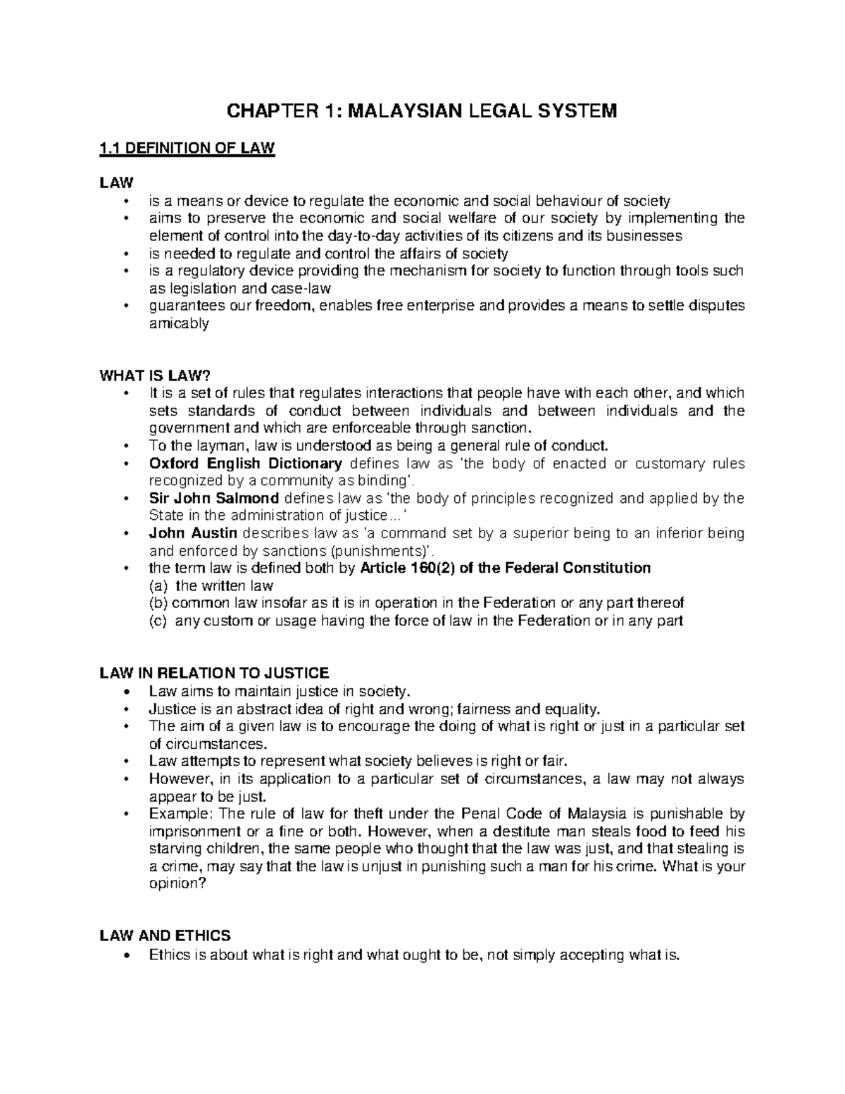 Chapter 1 Part 1 - excellent notes - CHAPTER 1: MALAYSIAN LEGAL SYSTEM ...