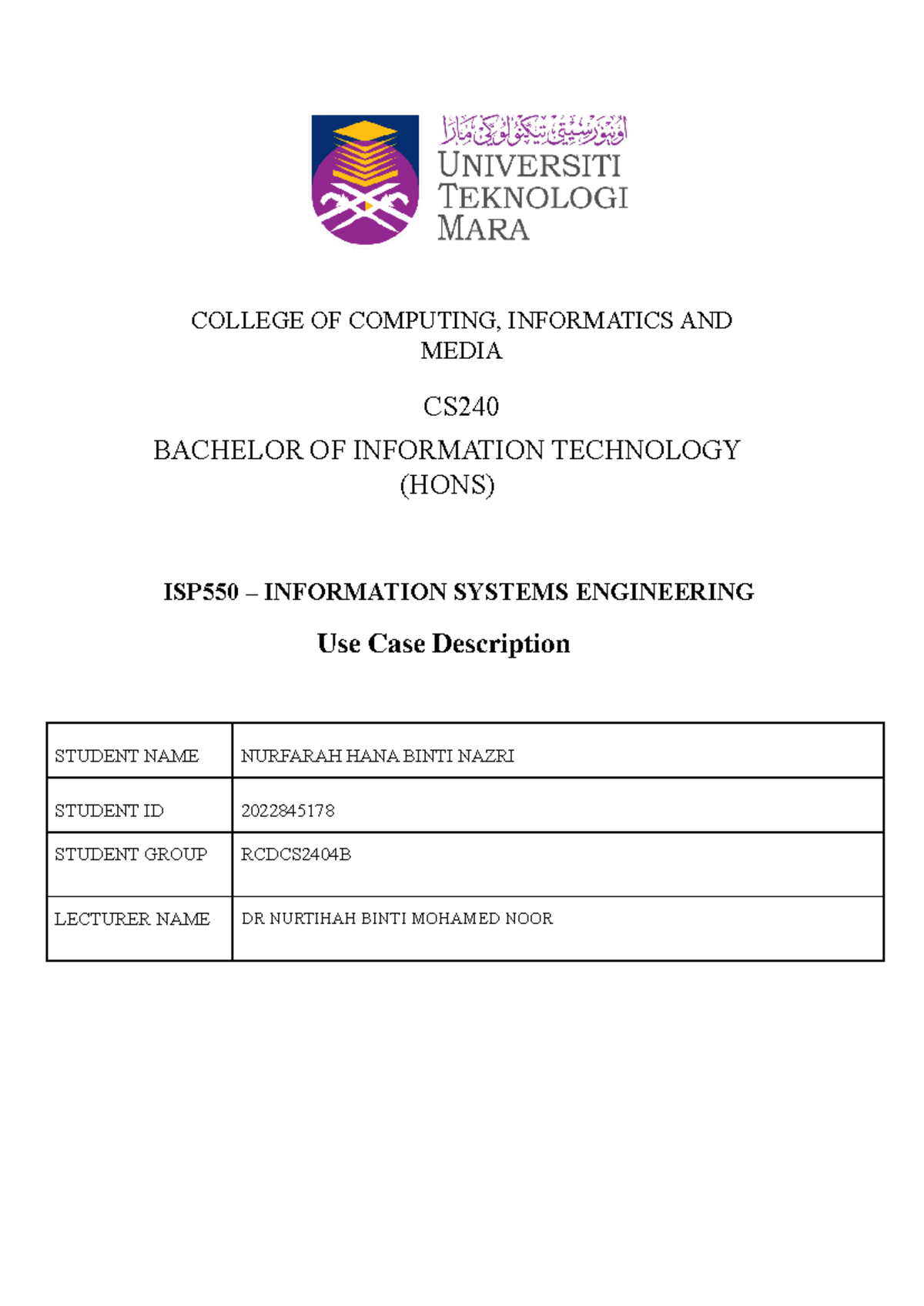 Fully Developed Use Case - Information Technology - COLLEGE OF ...