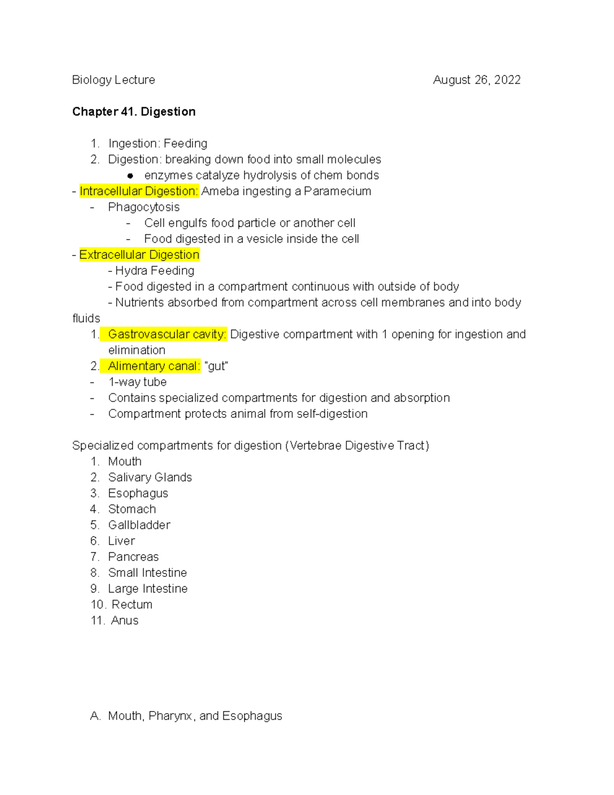 Bio Lect August 26, 2022 - Biology Lecture August 26, 2022 Chapter 41 ...