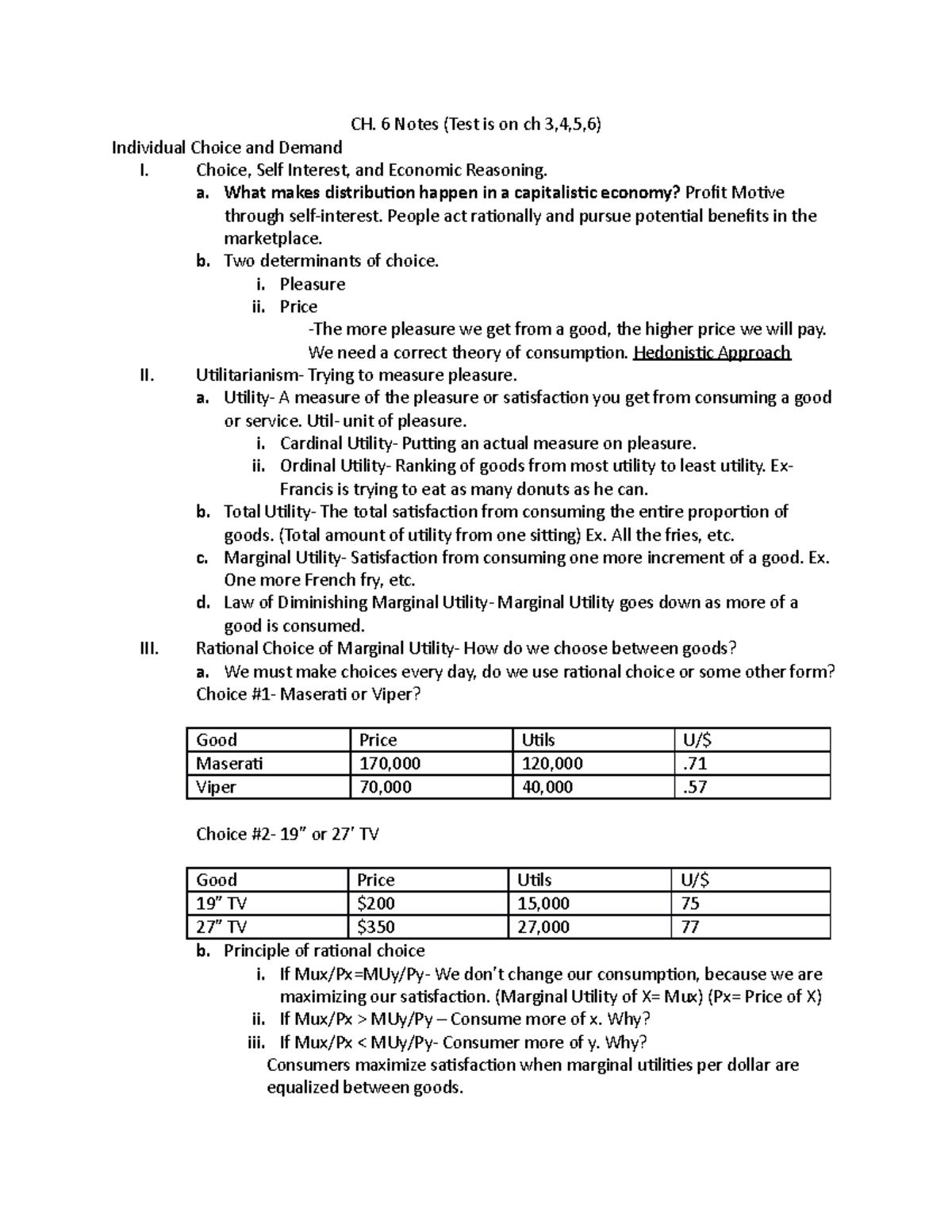 Test #2 Notes - CH. 6 Notes (Test is on ch 3,4,5,6) Individual Choice ...