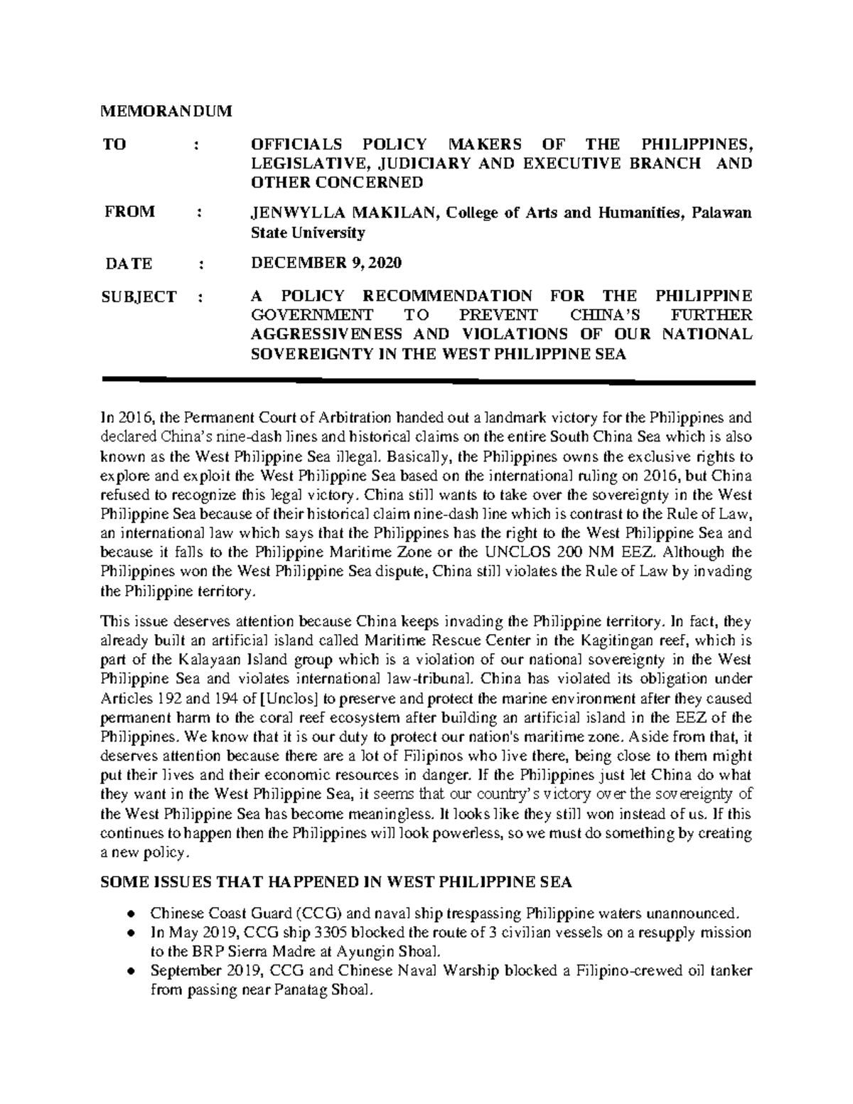 Memorandum: A POLICY RECOMMENDATION FOR THE PHILIPPINE GOVERNMENT TO ...
