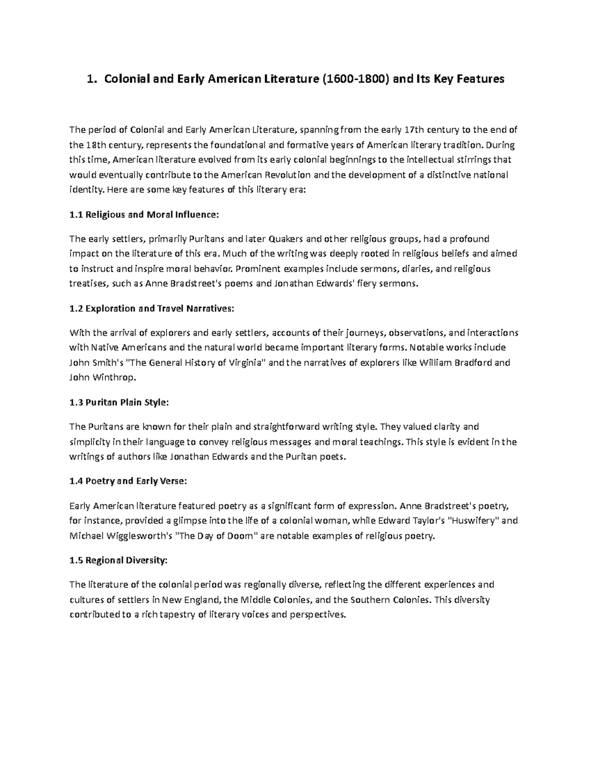 Introduction and movements in American Literature - 1. Colonial and ...