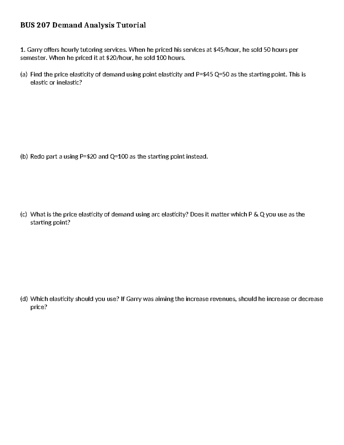 BUS 207 Demand Tutorial Students - BUS 207 Demand Analysis Tutorial ...
