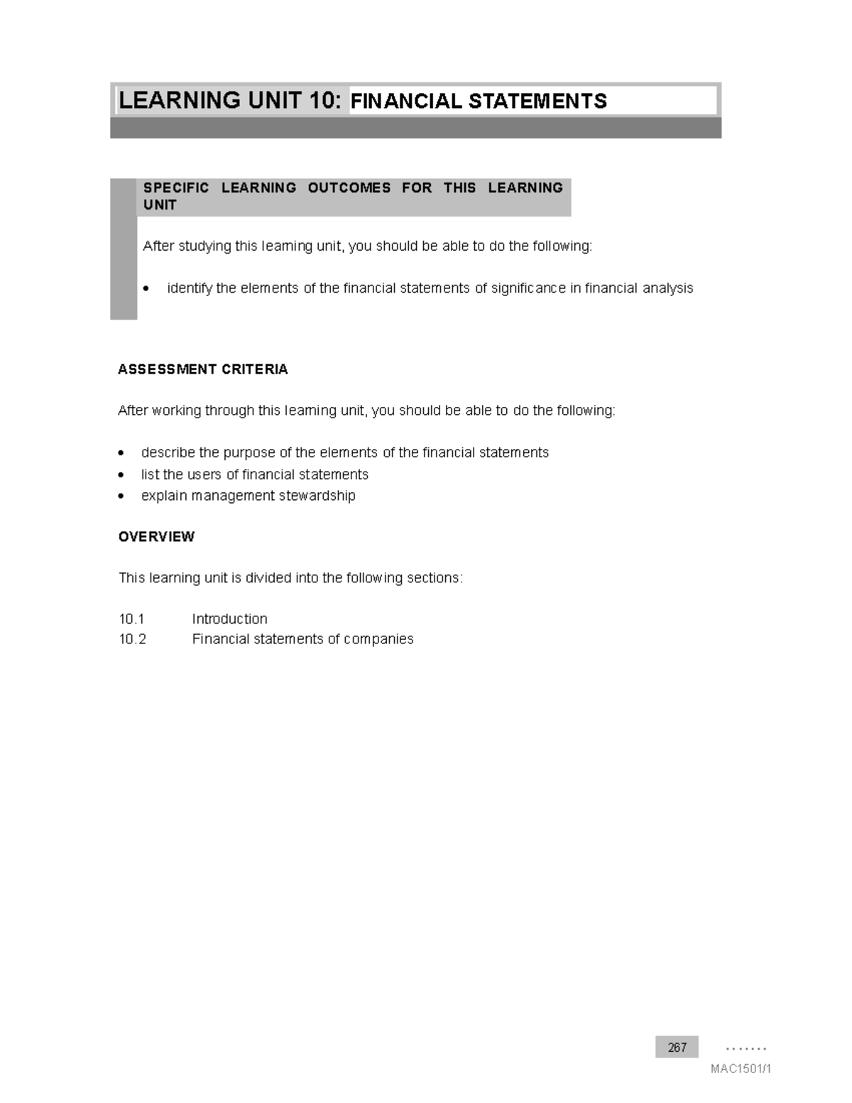 Learning unit 10 Financial Statements summary - ....... MAC1501/ 267 ...