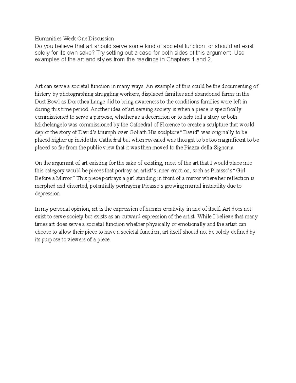 Humanities Week One Discussion - Use examples of the art and styles ...