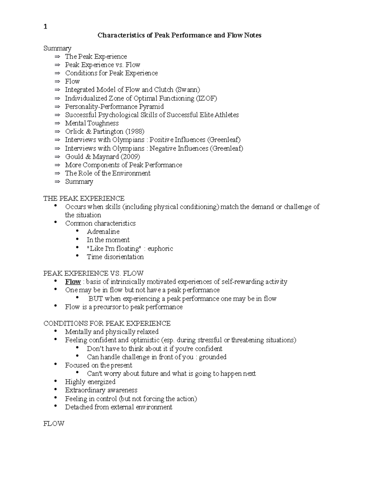 Characteristics of Peak Performance and Flow Notes - Characteristics of ...