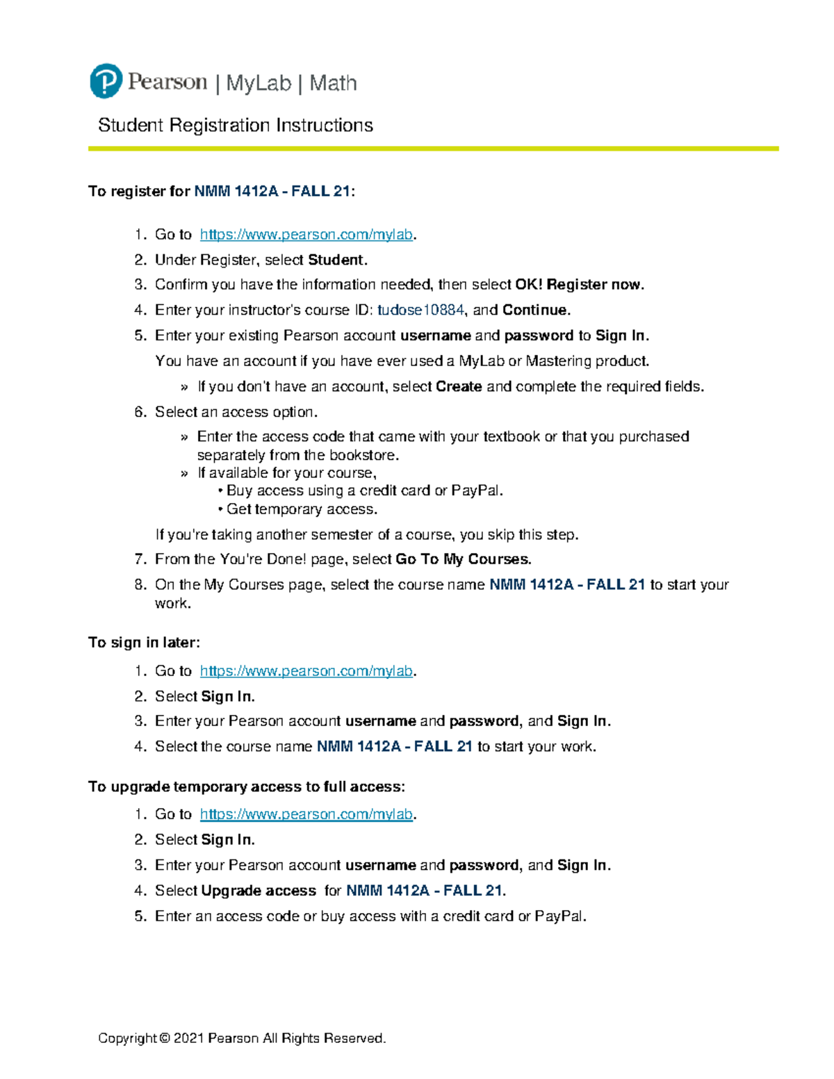 Student Registration Handout tudose 10884 - | MyLab | Math Student ...