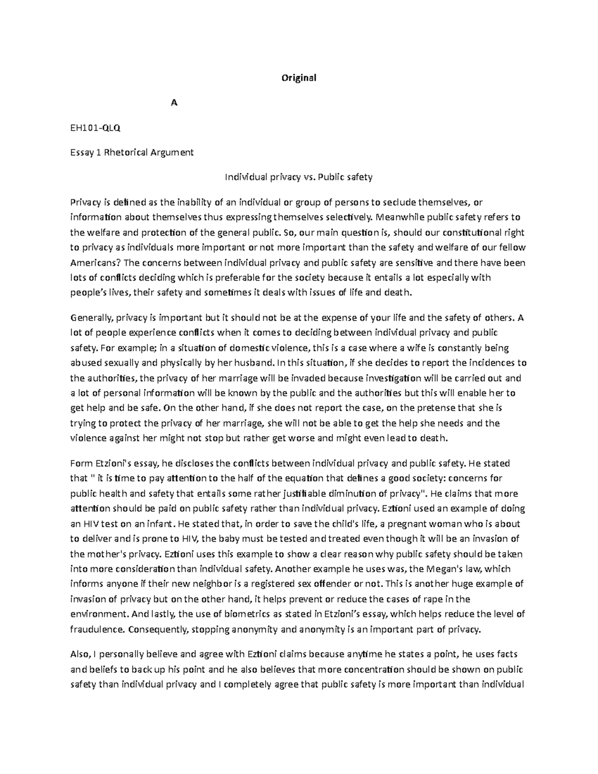 Part B Substantive review - Original A EH101-QLQ Essay 1 Rhetorical ...