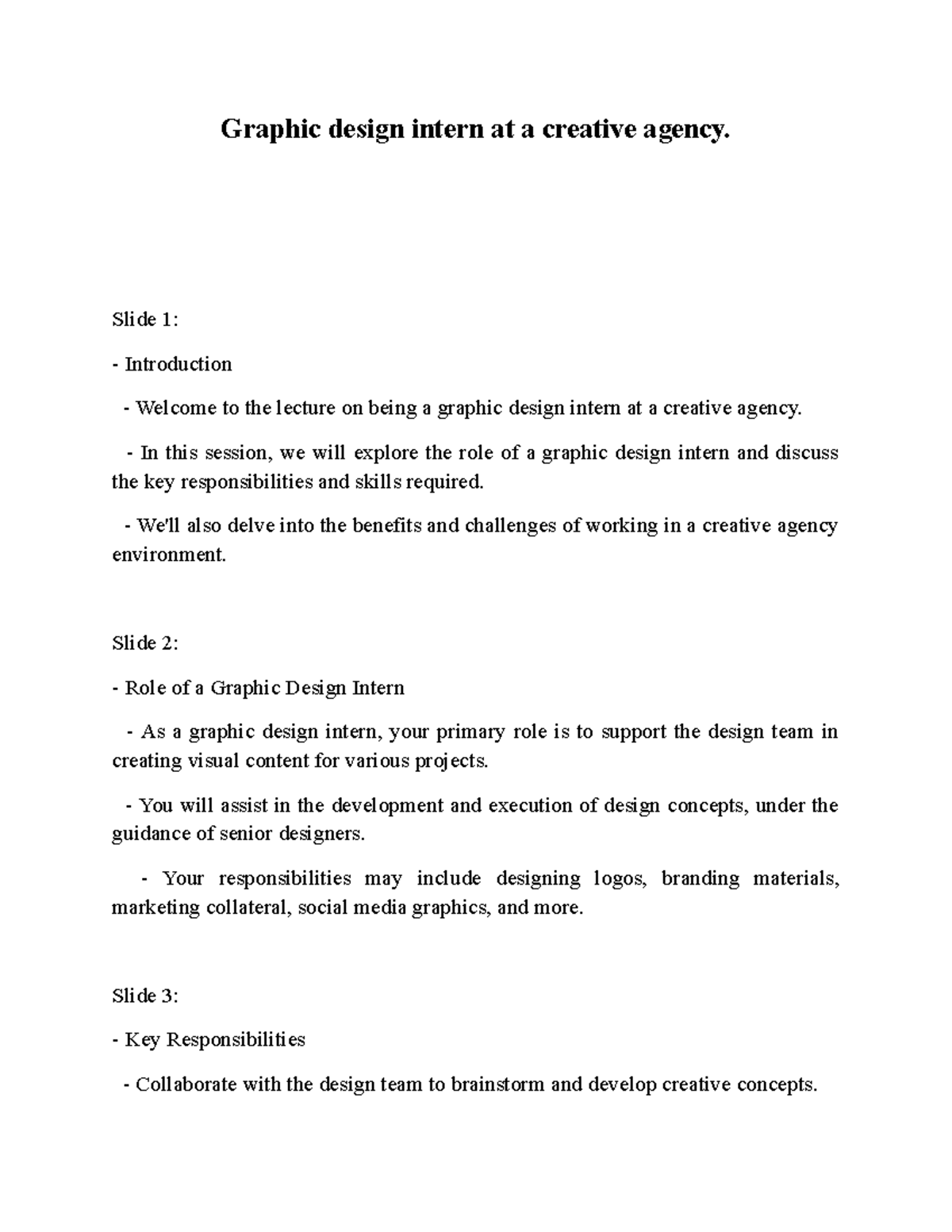 Graphic design intern at a creative agency - Slide 1: Introduction ...