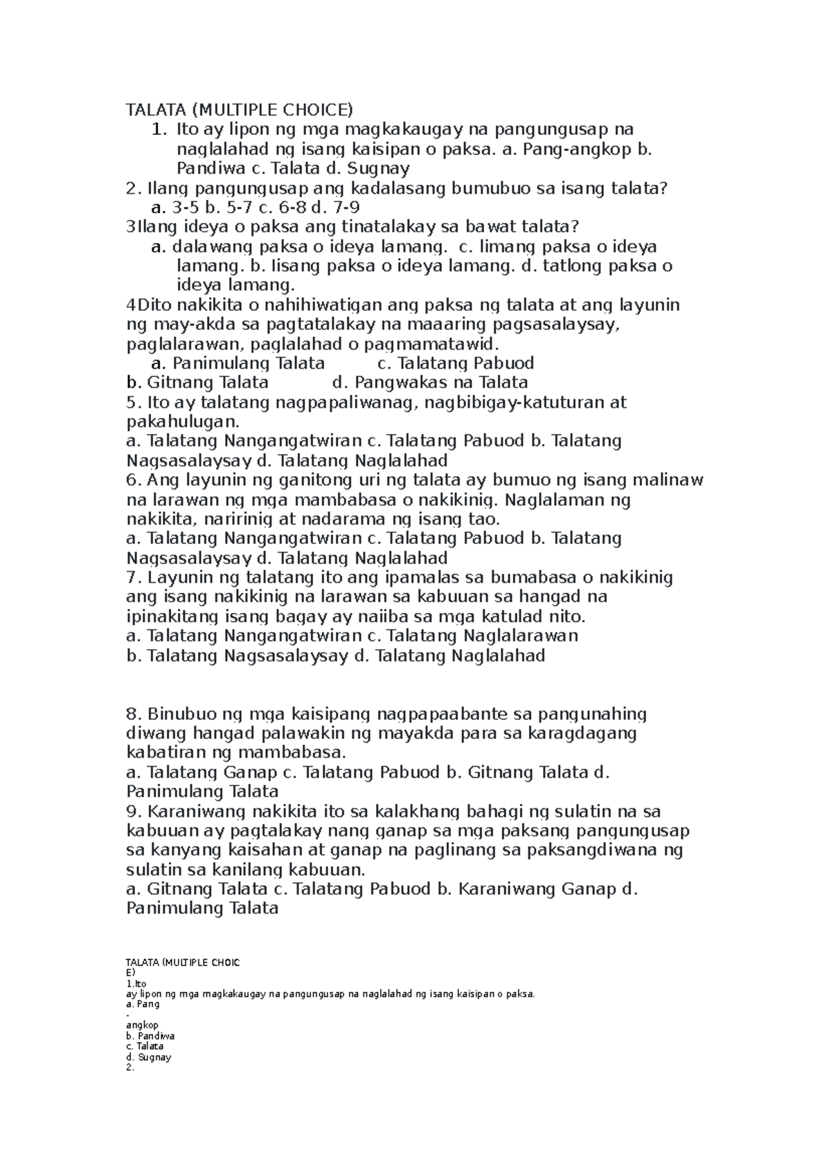 Talata-pre test - mai aasess ang kagalingan ng mga mag-aaral sa ...