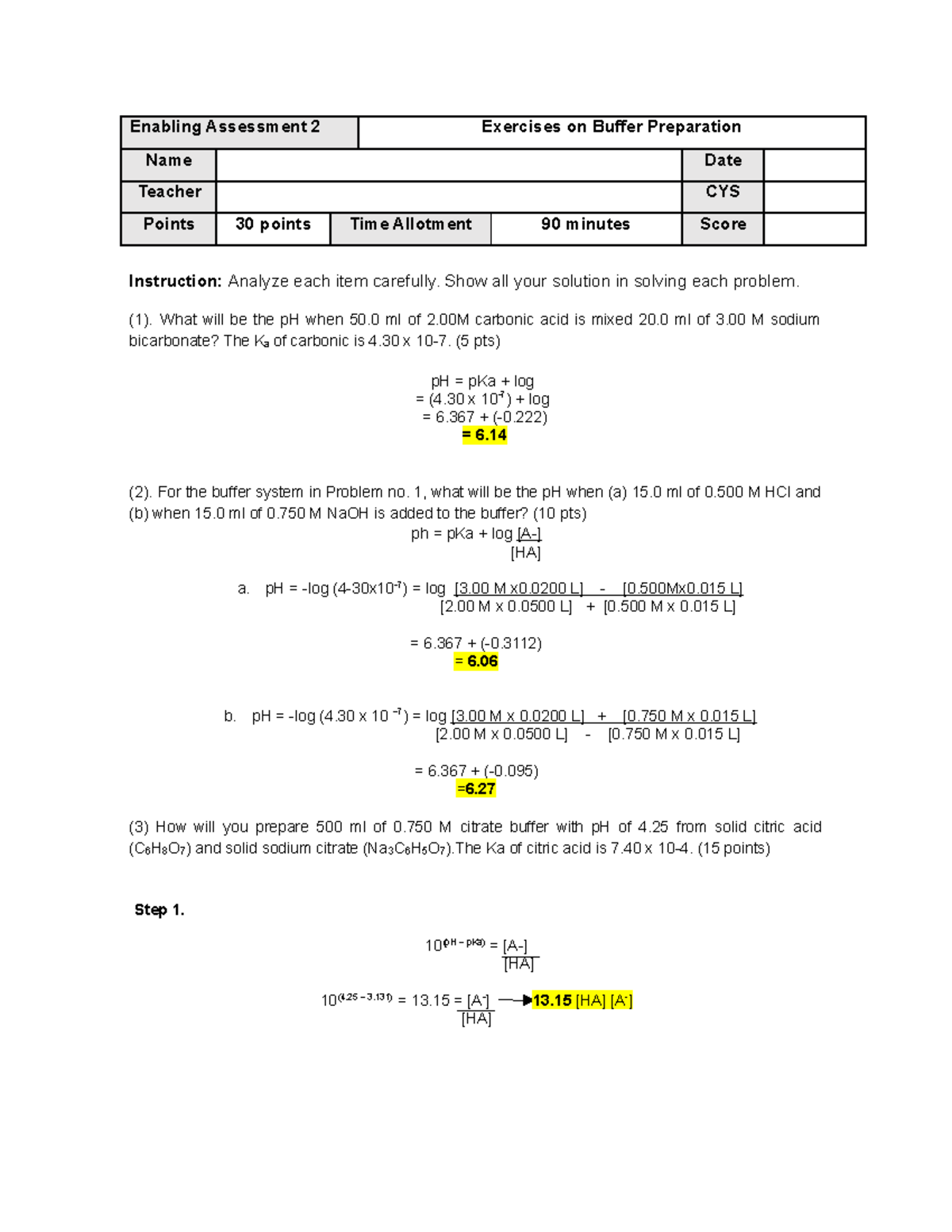 Bio Chem Lab A2 Exercises on Buffer Preparation - Enabling Assessment 2 ...