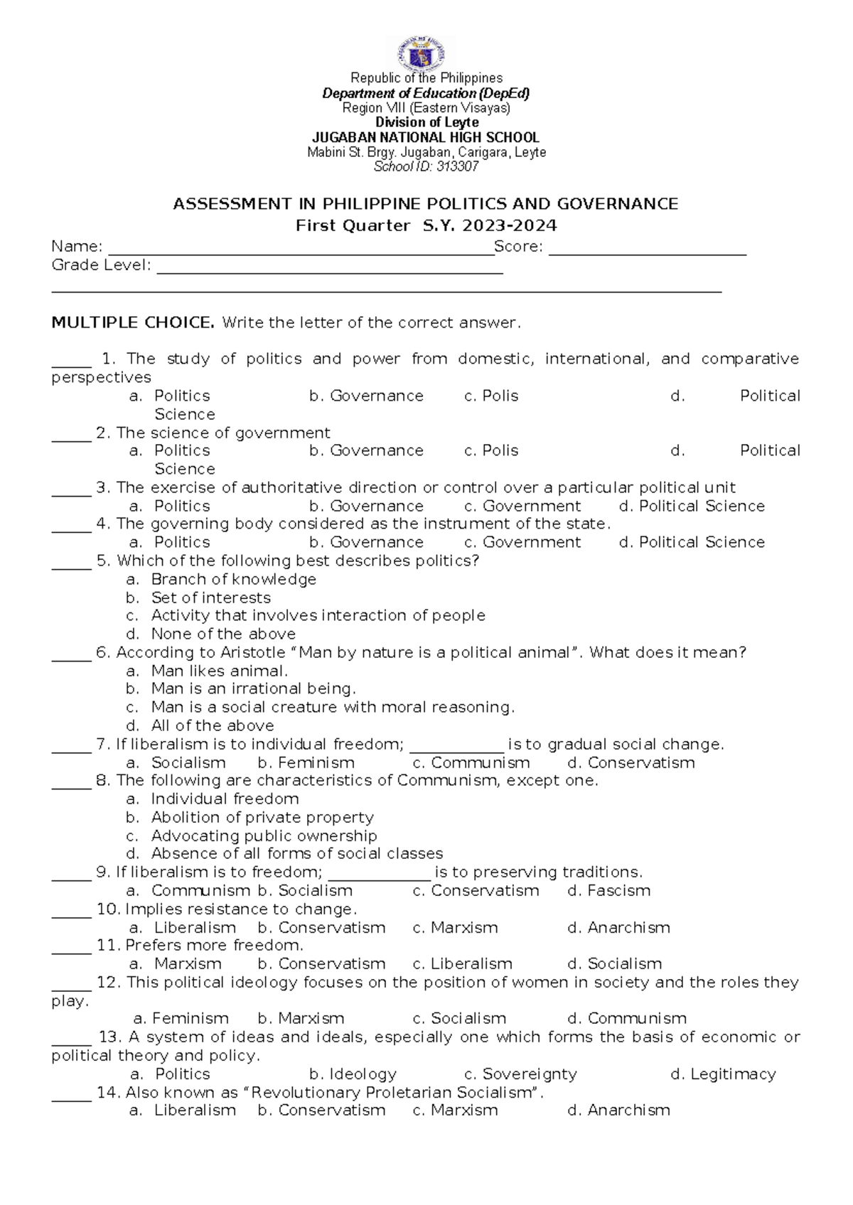 Assessment Politics - Republic of the Philippines Department of ...