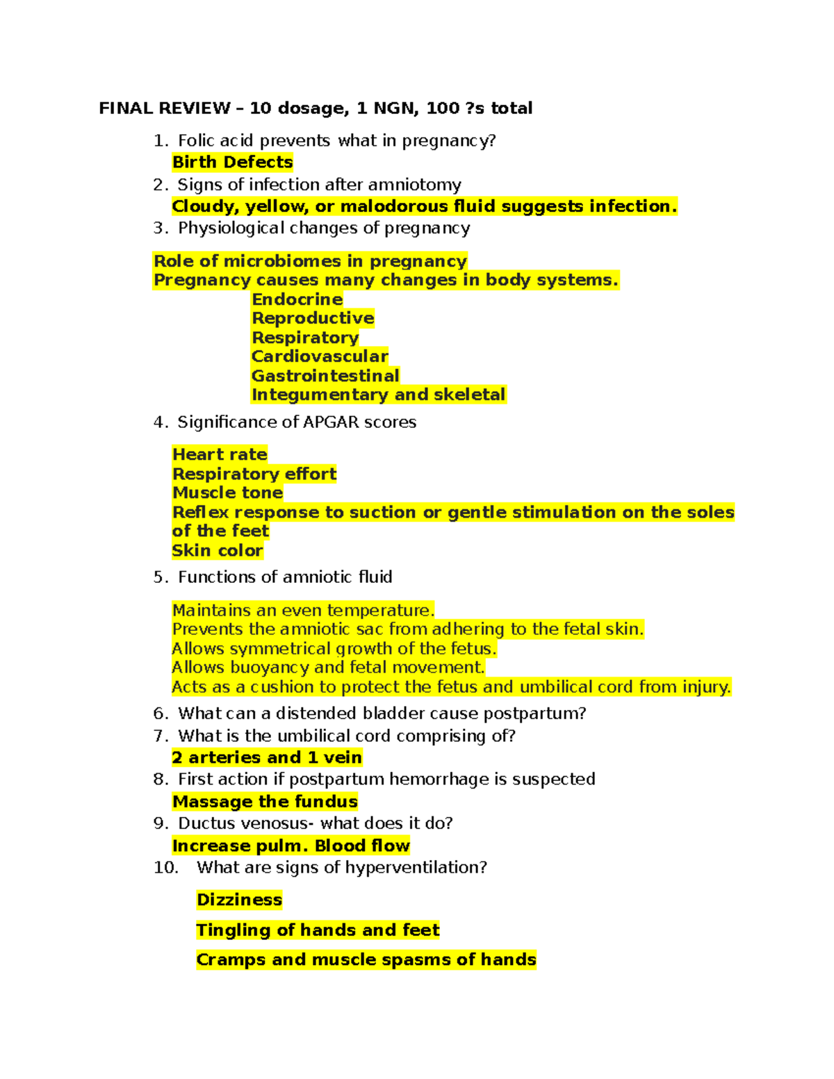 Final TEST Review - FINAL REVIEW – 10 dosage, 1 NGN, 100 ?s total 1 ...