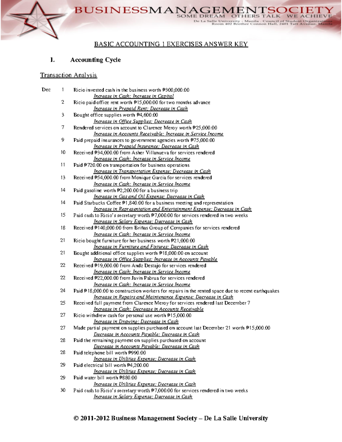 ACTBAS1 Practice Exercises Answer Key - BASIC ACCOUNTING 1 EXERCISES ...