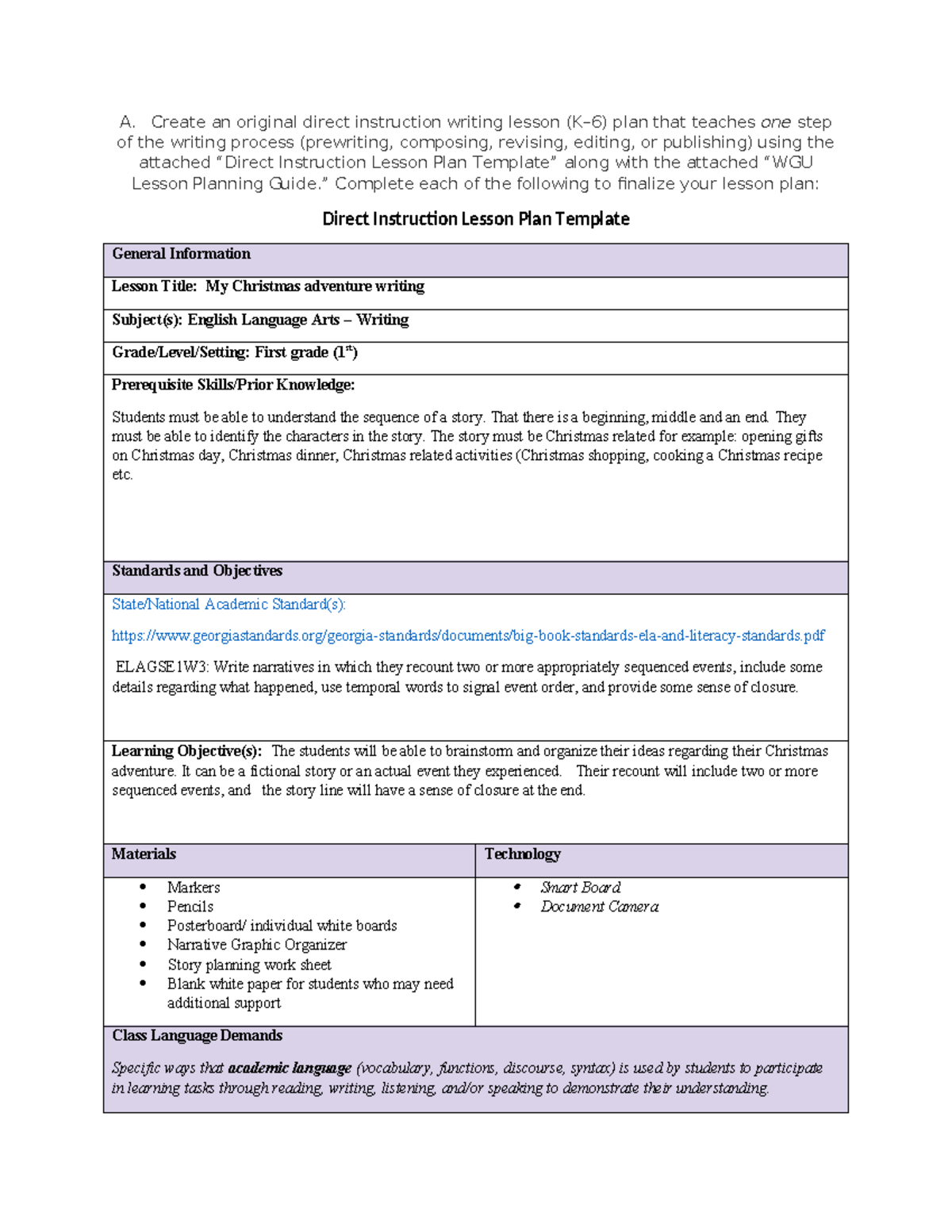 LSM3 — LSM3 TASK 1: LANGUAGE ARTS INSTRUCTION LESSON PLAN - A. Create an original direct ...