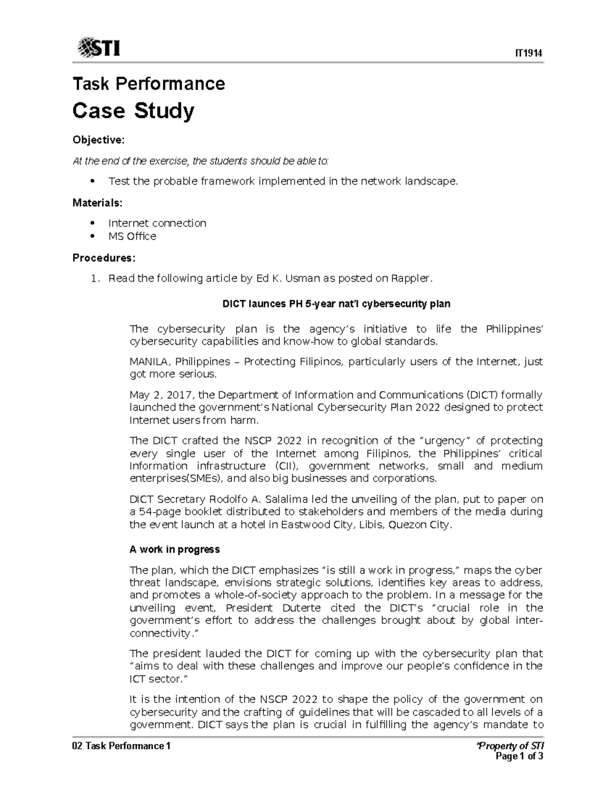 02 Task Performance 1 It 02 Task Performance 1 Property Of Sti Page 1 Of 3 Task Performance