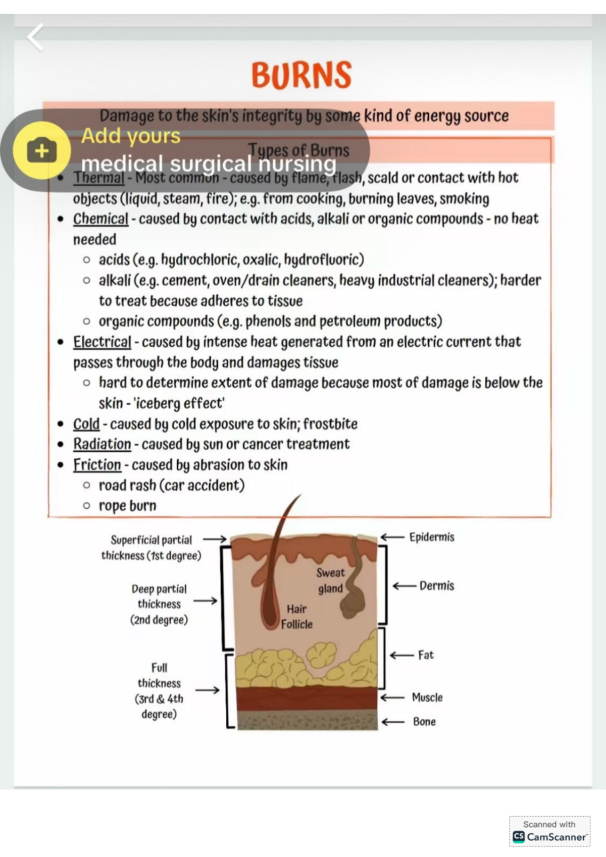 Burns - from cooking, burning leaves, smoking Chemical caused contact ...