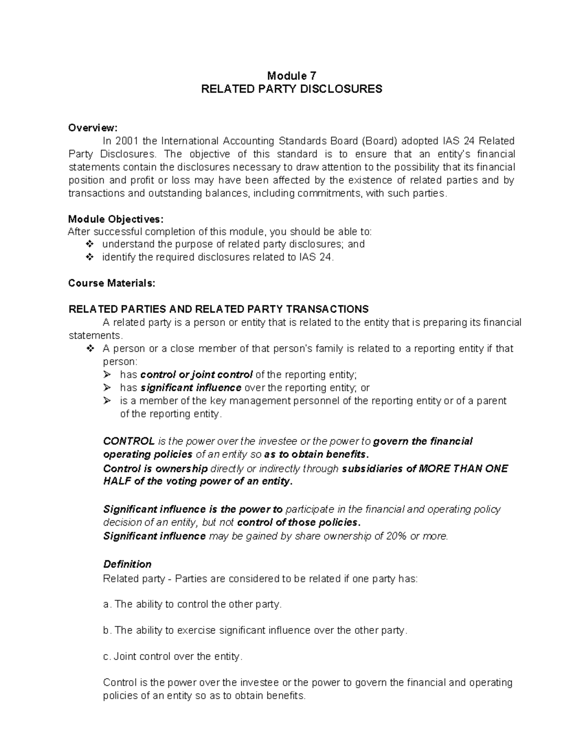 Module 7 Related Parties-1 - Module 7 RELATED PARTY DISCLOSURES Overview: In 2001 the ...