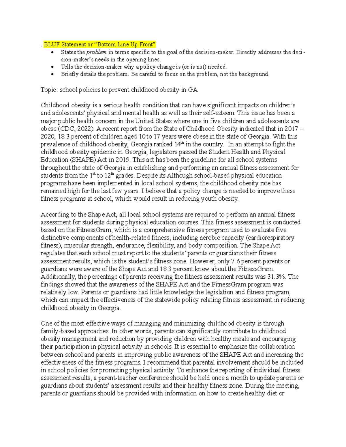 BLUF Statement or - the essay is a memo about school policy can prevent ...