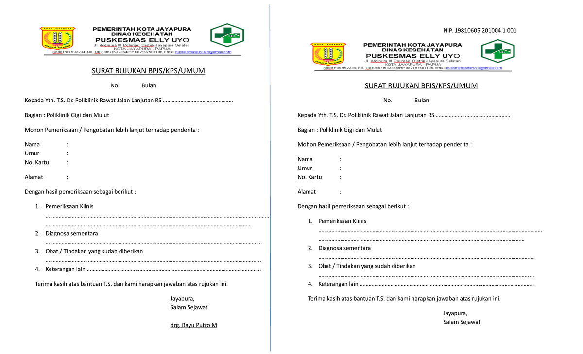 Blangko Surat Rujukan BPJS - SURAT RUJUKAN BPJS/KPS/UMUM No. Bulan ...