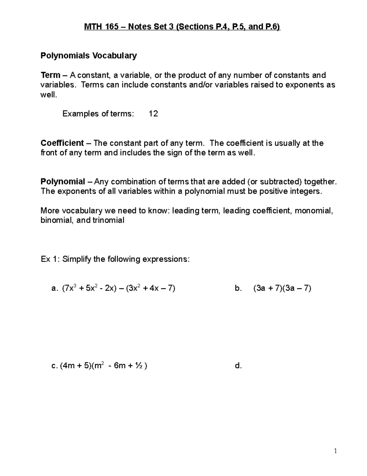 Factoring Polynomials - MTH 165 – Notes Set 3 (Sections P, P, and P ...