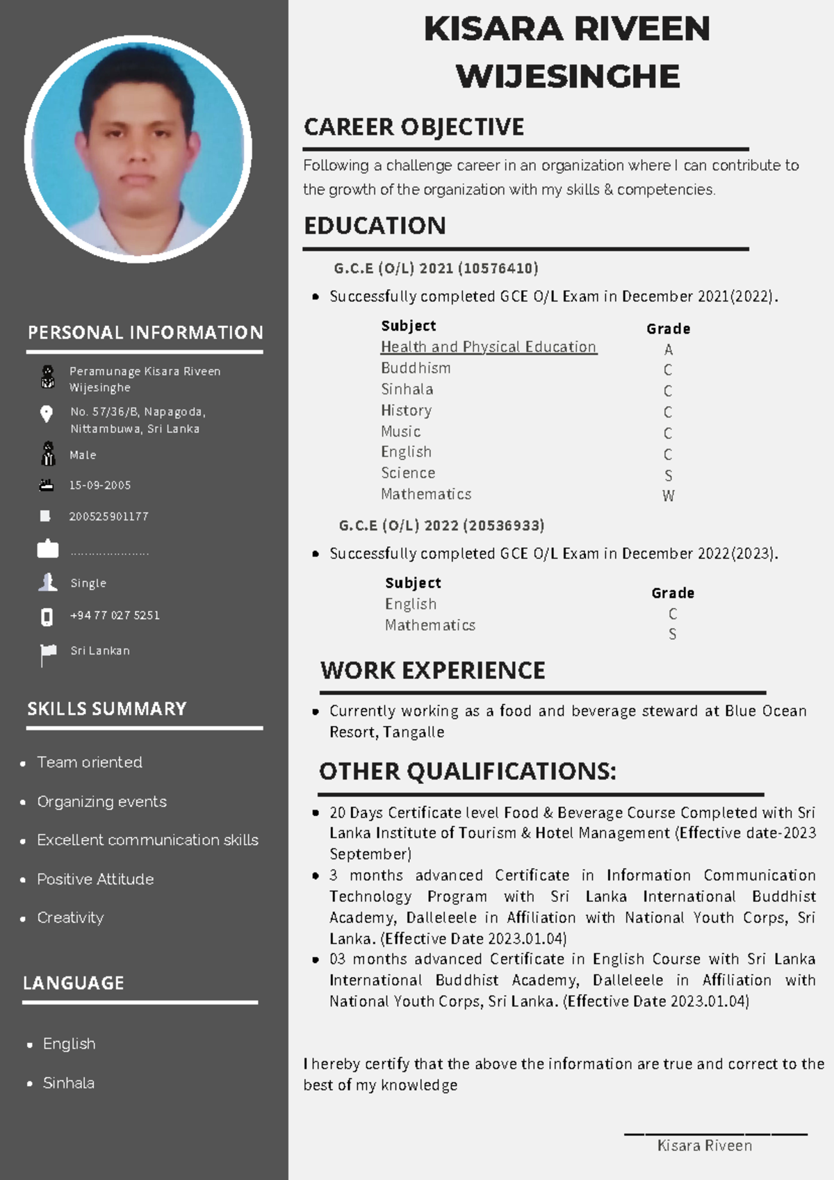 Kisara Riveen CV - HND in Network - Kisara Riveen KISARA RIVEEN ...