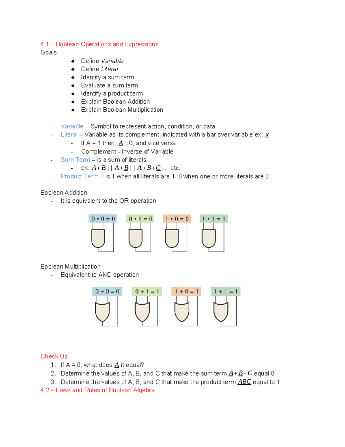 Chapter 4 - 4 – Boolean Operations and Expressions Goals Define Variable Define Literal - Studocu