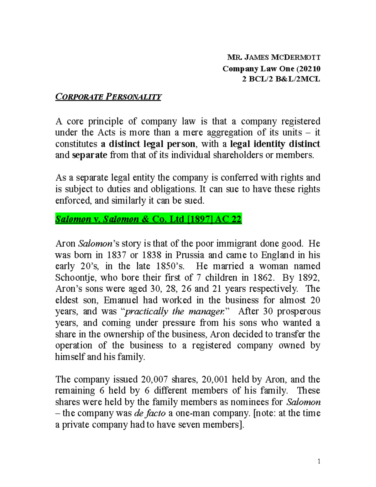 Company Law Notes UCDSeparate Legal Personality 2021 - Company Law I ...