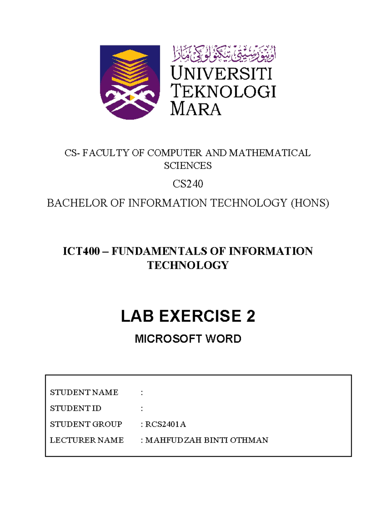 Lab 2 - lab 2 assignment - CS- FACULTY OF COMPUTER AND MATHEMATICAL ...