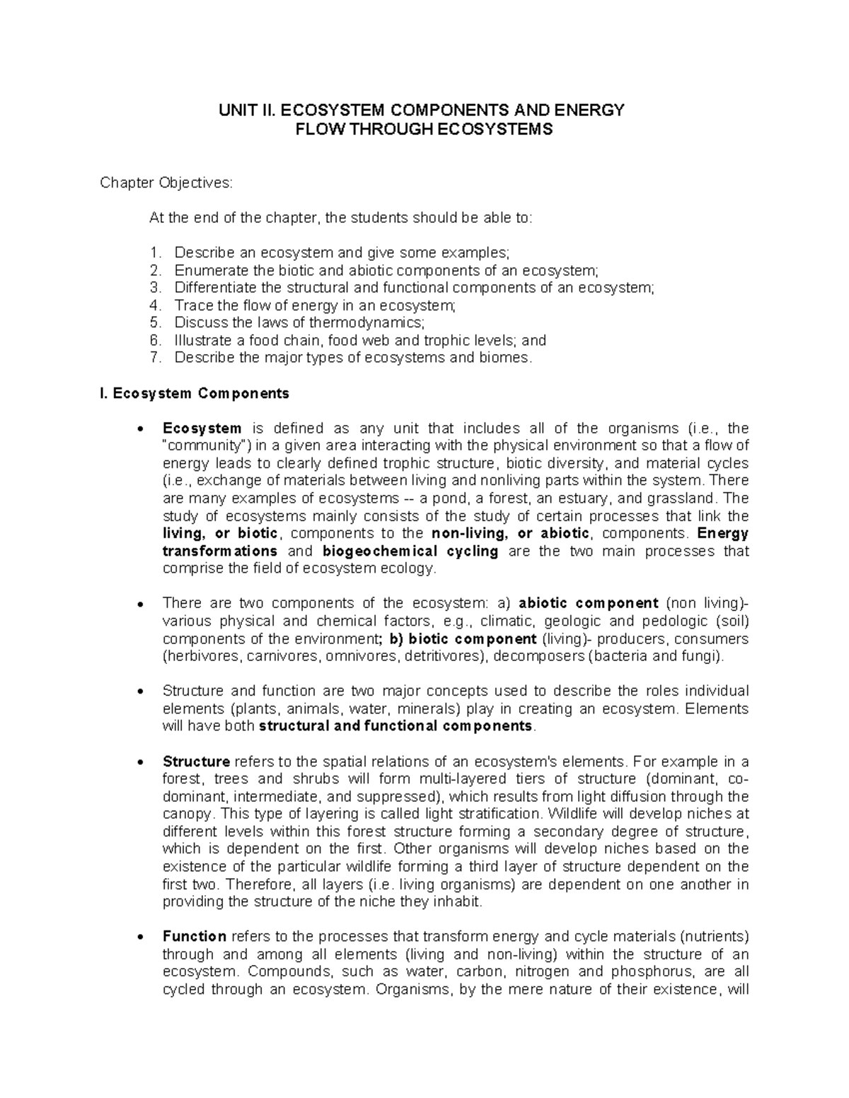 Unit 2 - NOTES - UNIT II. ECOSYSTEM COMPONENTS AND ENERGY FLOW THROUGH ...