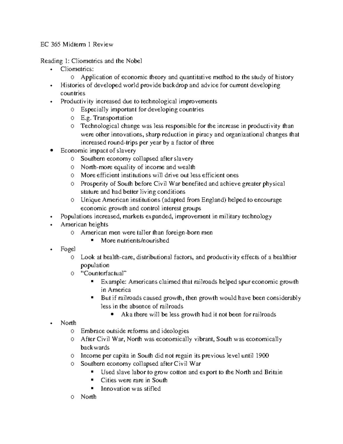 EC 365 Midterm 1 Review - EC 365 Midterm 1 Review Reading 1 ...