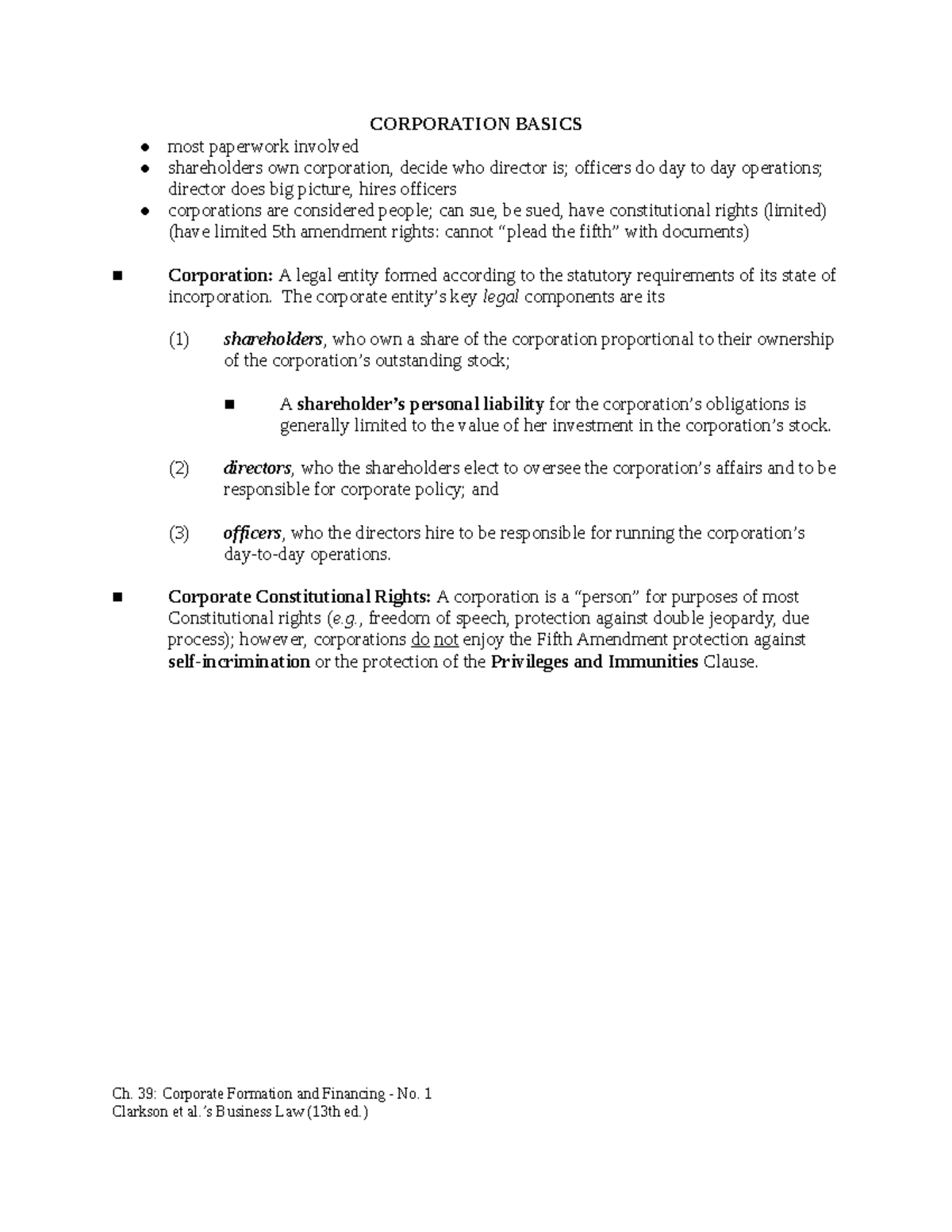 Ch 39 Corporation Formation - CORPORATION BASICS most paperwork ...
