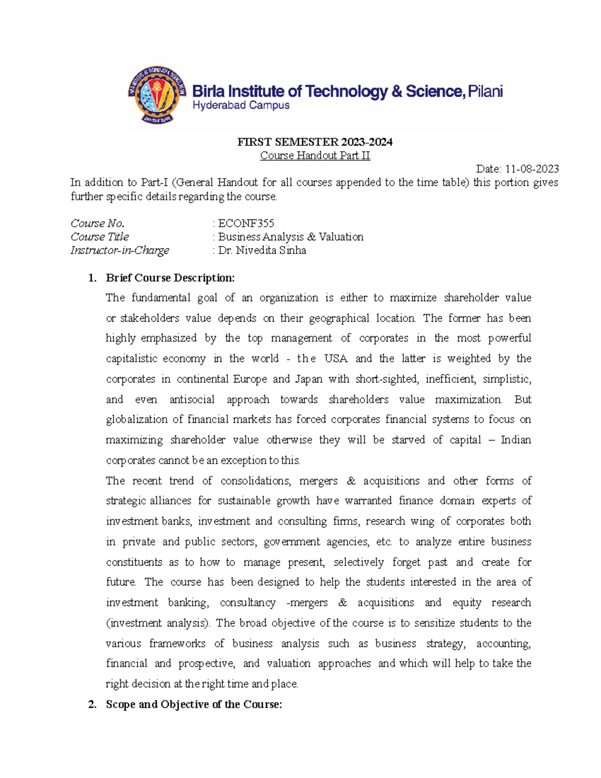 ECON F355 Course Handout BAAV - FIRST SEMESTER 2023- Course Handout Part II Date: 11-08- In ...