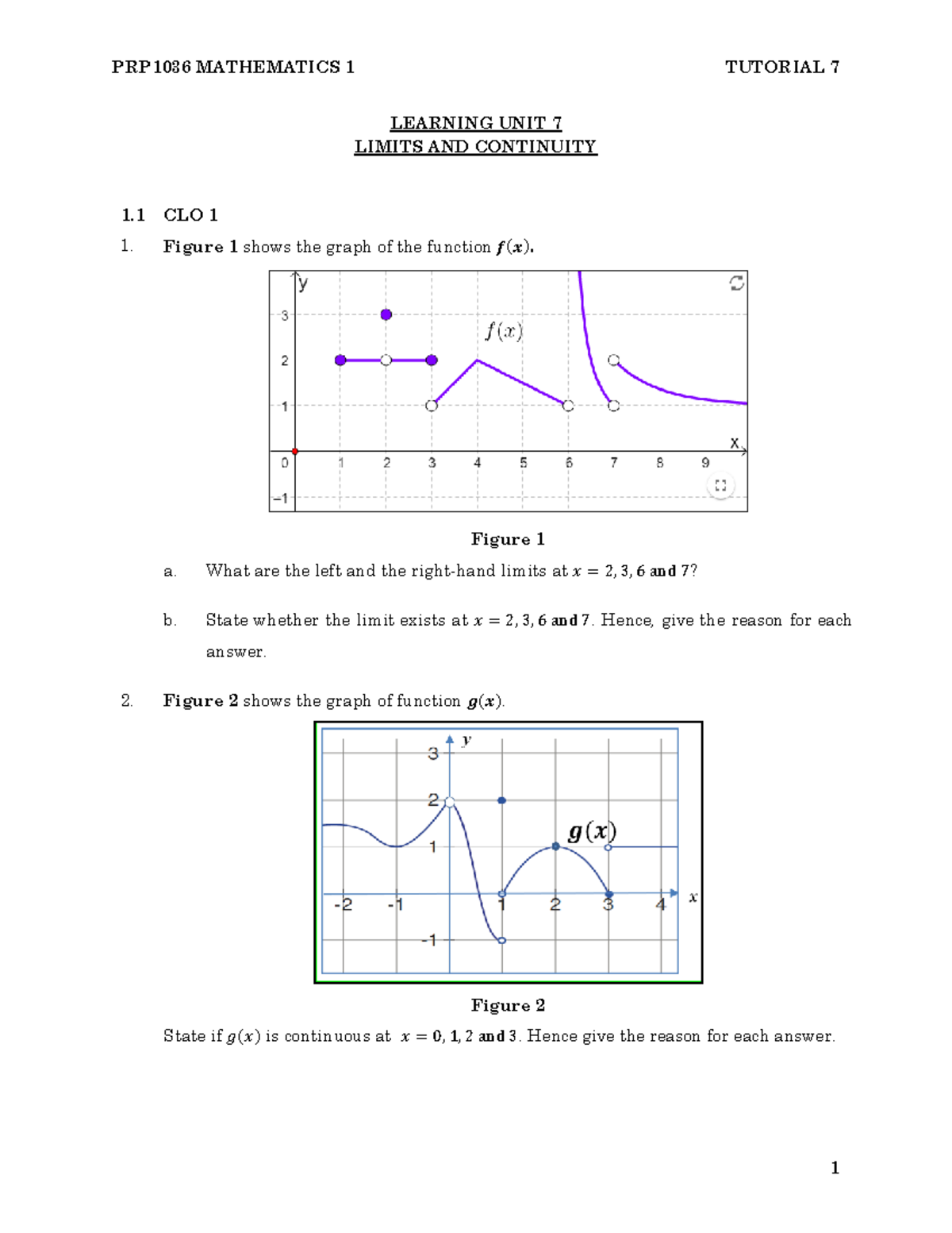 PRP1036 Tutorial 7 2024 - LEARNING UNIT 7 LIMITS AND CONTINUITY 1 CLO 1 ...