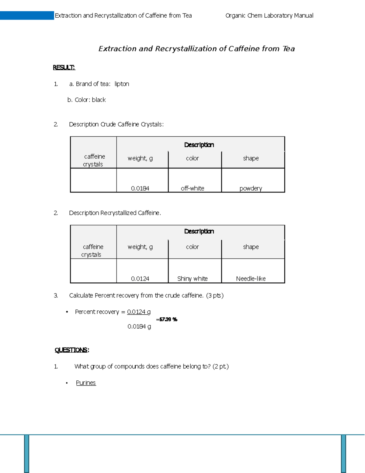 Extraction and Recrystallization of Caffeine from Tea - Brand of tea ...