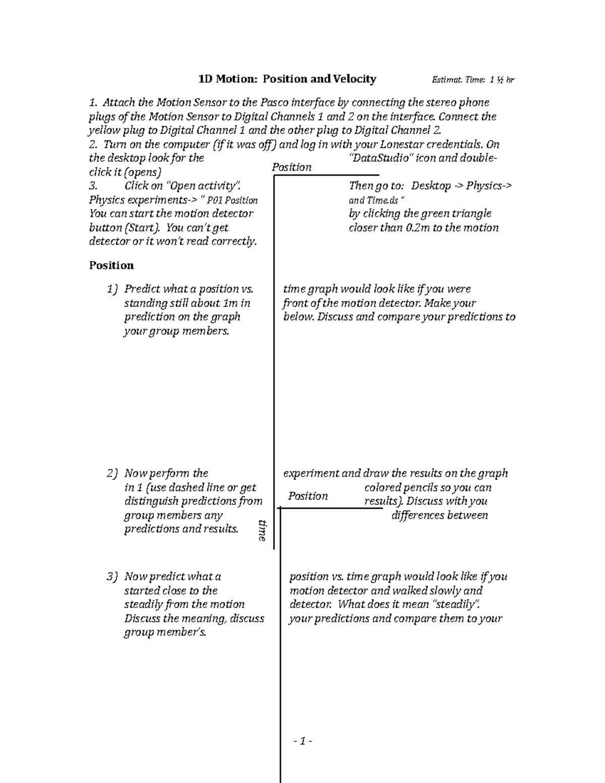 Motion Activity - 1D Motion: Position and Velocity Estimat. Time: 1 ½ ...