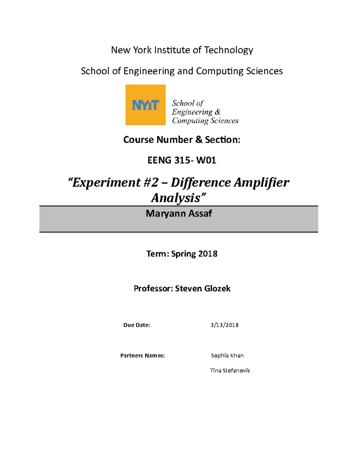 Experiment 2 - New York Insitute of Technology School of Engineering ...