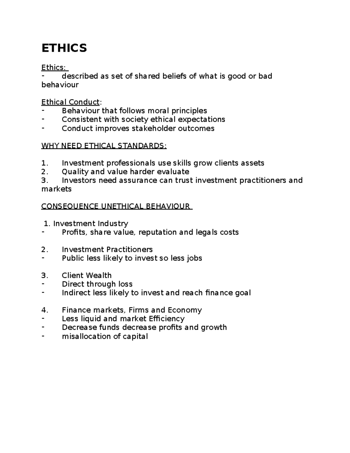 Ethics - notes - ETHICS Ethics: ⁃ described as set of shared beliefs of ...