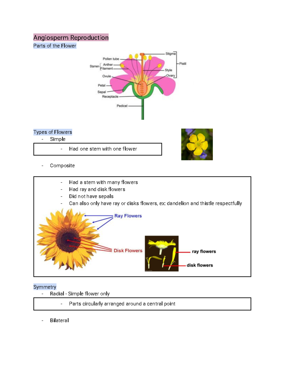 Biology Lab Notes - Angiosperm Reproduction Parts of the Flower Types ...