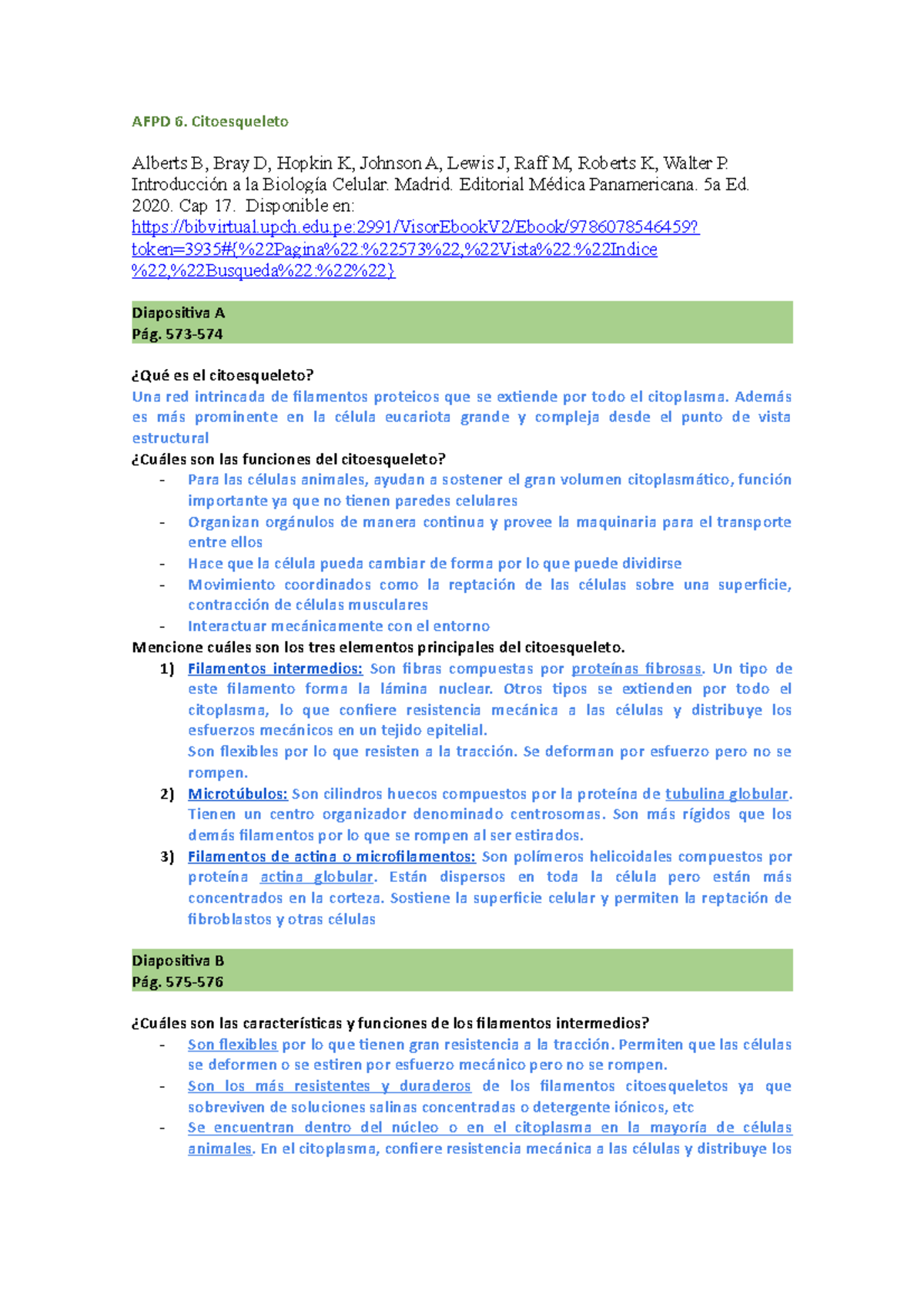 AFPD6. Citoesqueleto 2022 II Preguntas guía - AFPD 6. Citoesqueleto ...