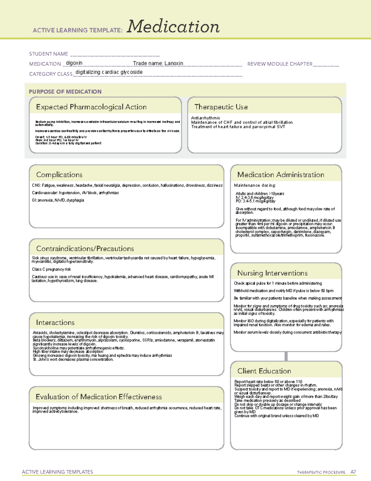 Lanoxin (Digoxin) - Med Cards - ACTIVE LEARNING TEMPLATES THERAPEUTIC ...