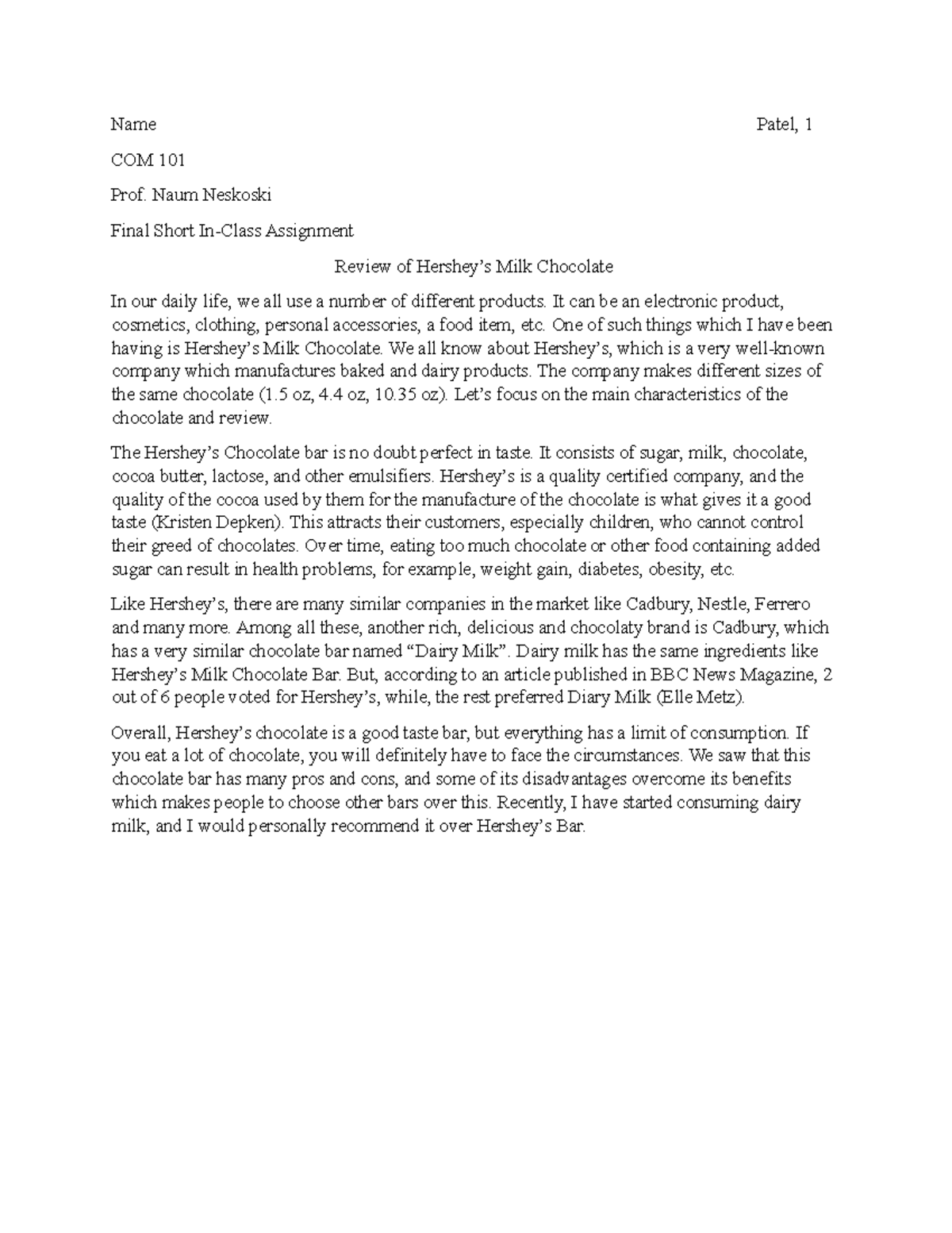 Final assignment - Name Patel, 1 COM 101 Prof. Naum Neskoski Final ...