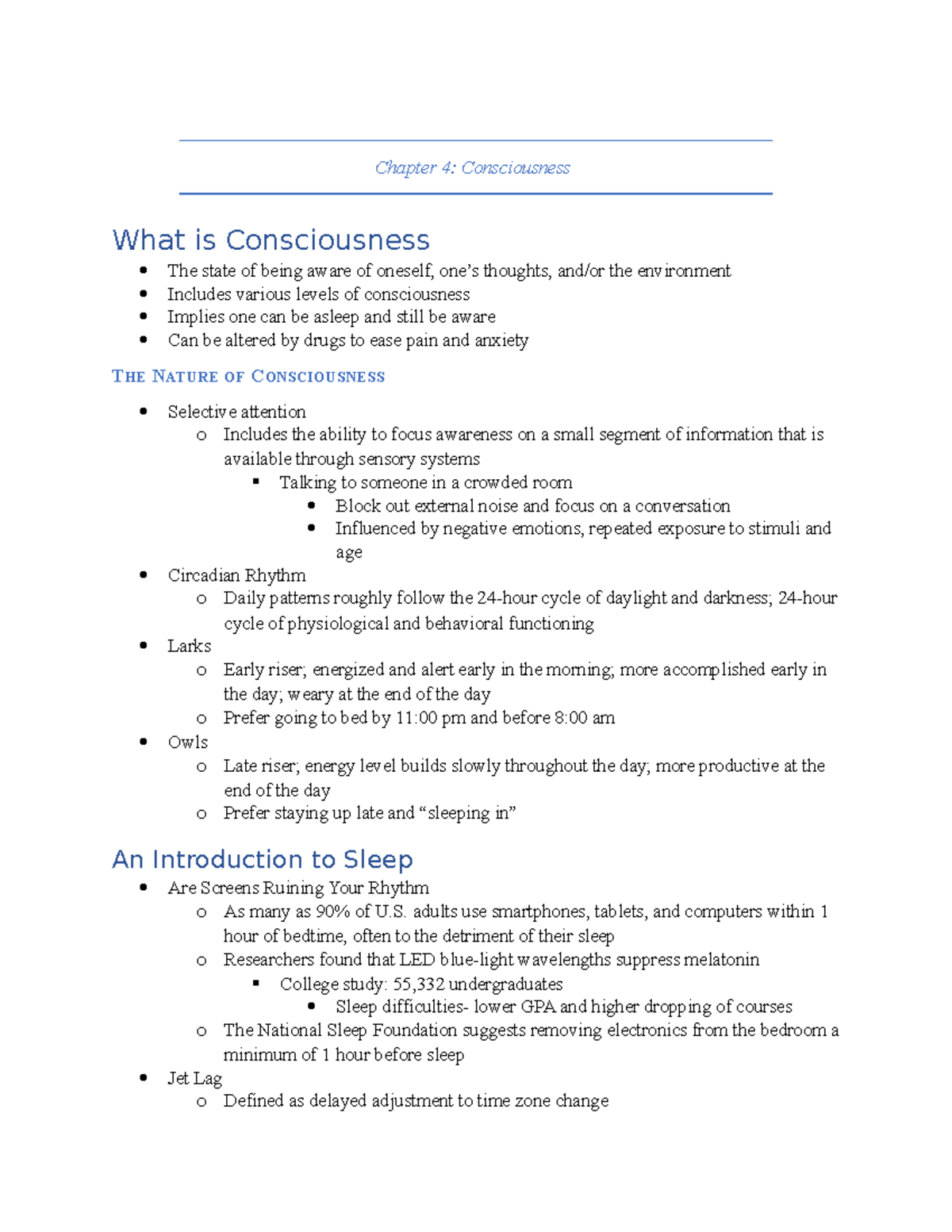 Chapter 4 - lecture notes - Chapter 4: Consciousness What is ...