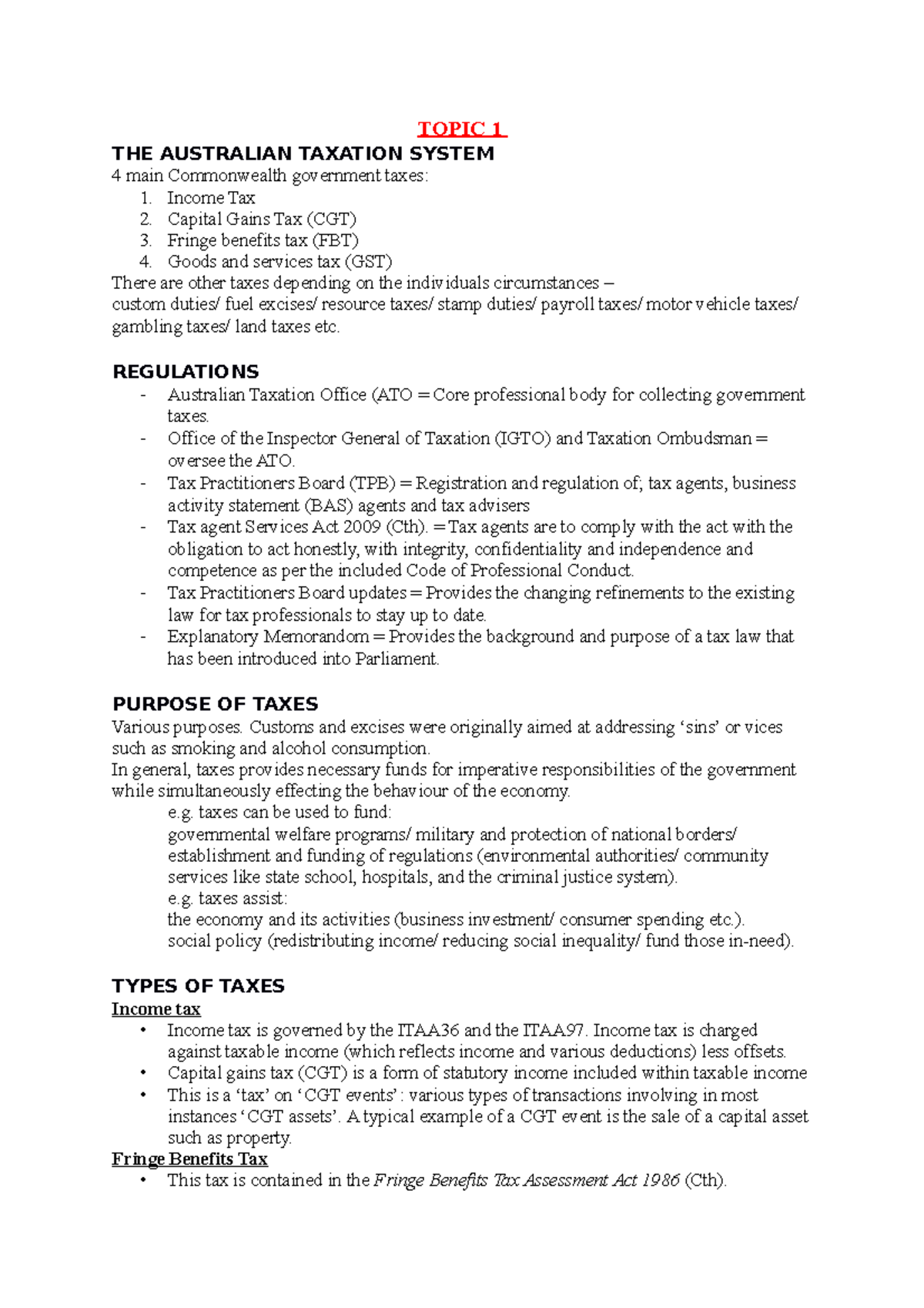 Taxation Topic 1 Notes - TOPIC 1 THE AUSTRALIAN TAXATION SYSTEM 4 main ...