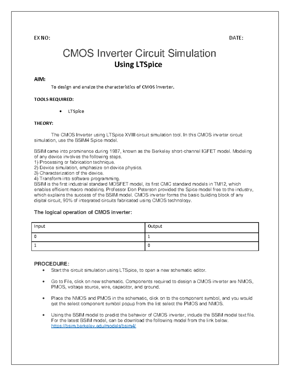 Cmos inverter - lab manual - EX NO: DATE: CMOS Inverter Circuit ...
