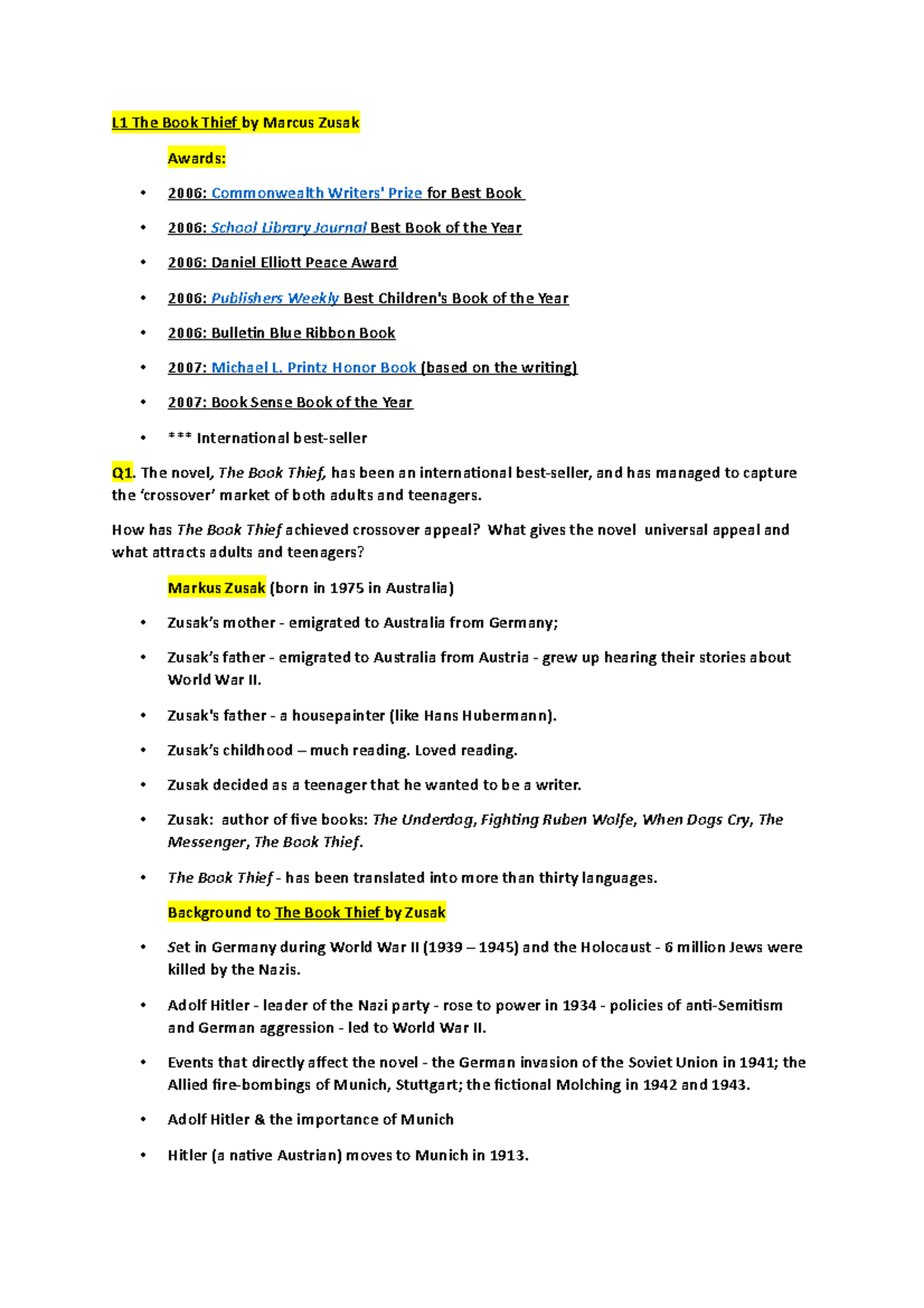 Lecture 1 Notes The Book Thief by Marcus Zusak - L1 The Book Thief by ...