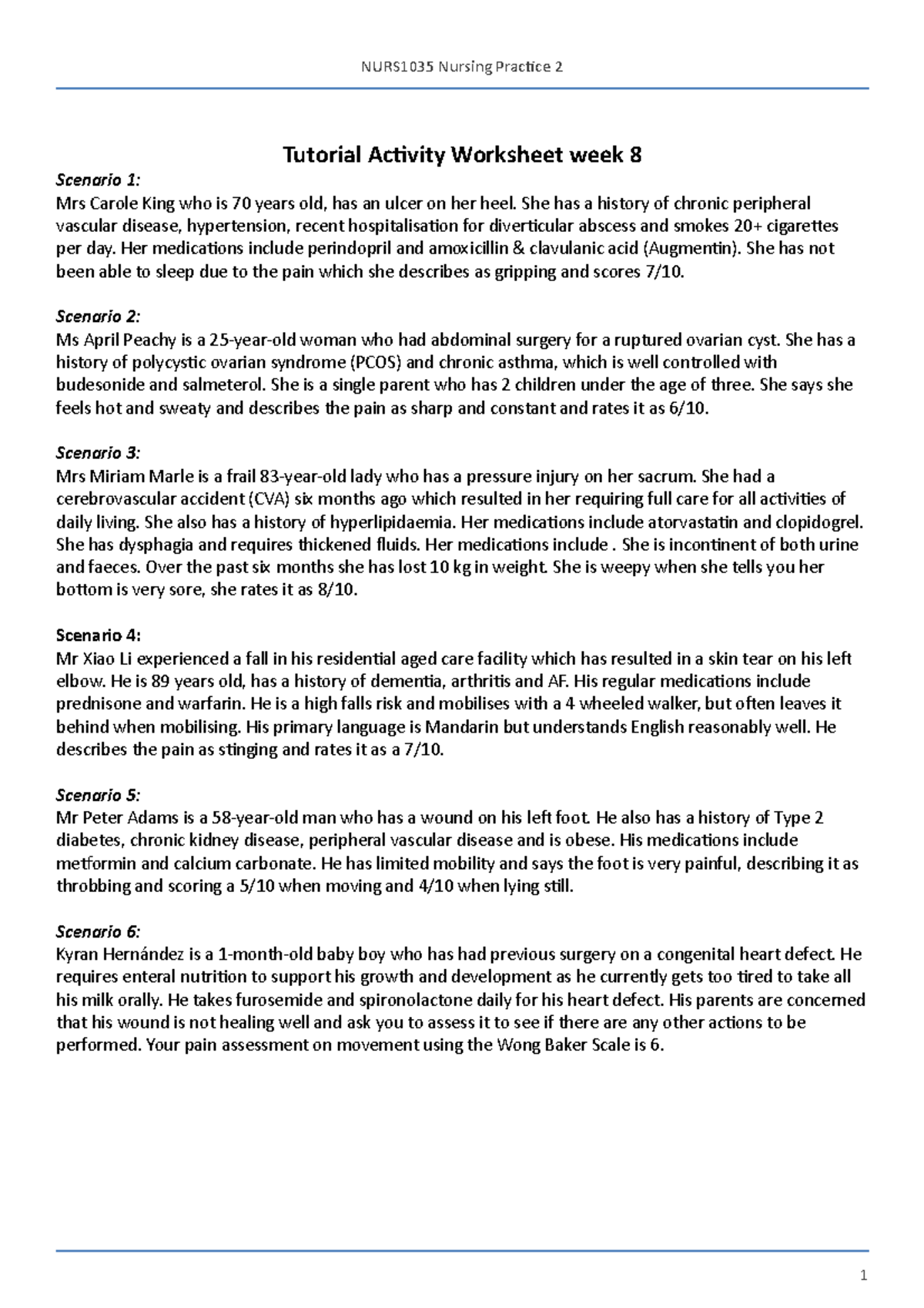 NP2 week 8 worksheet - NURS1035 Nursing Practice 2 Tutorial Activity ...