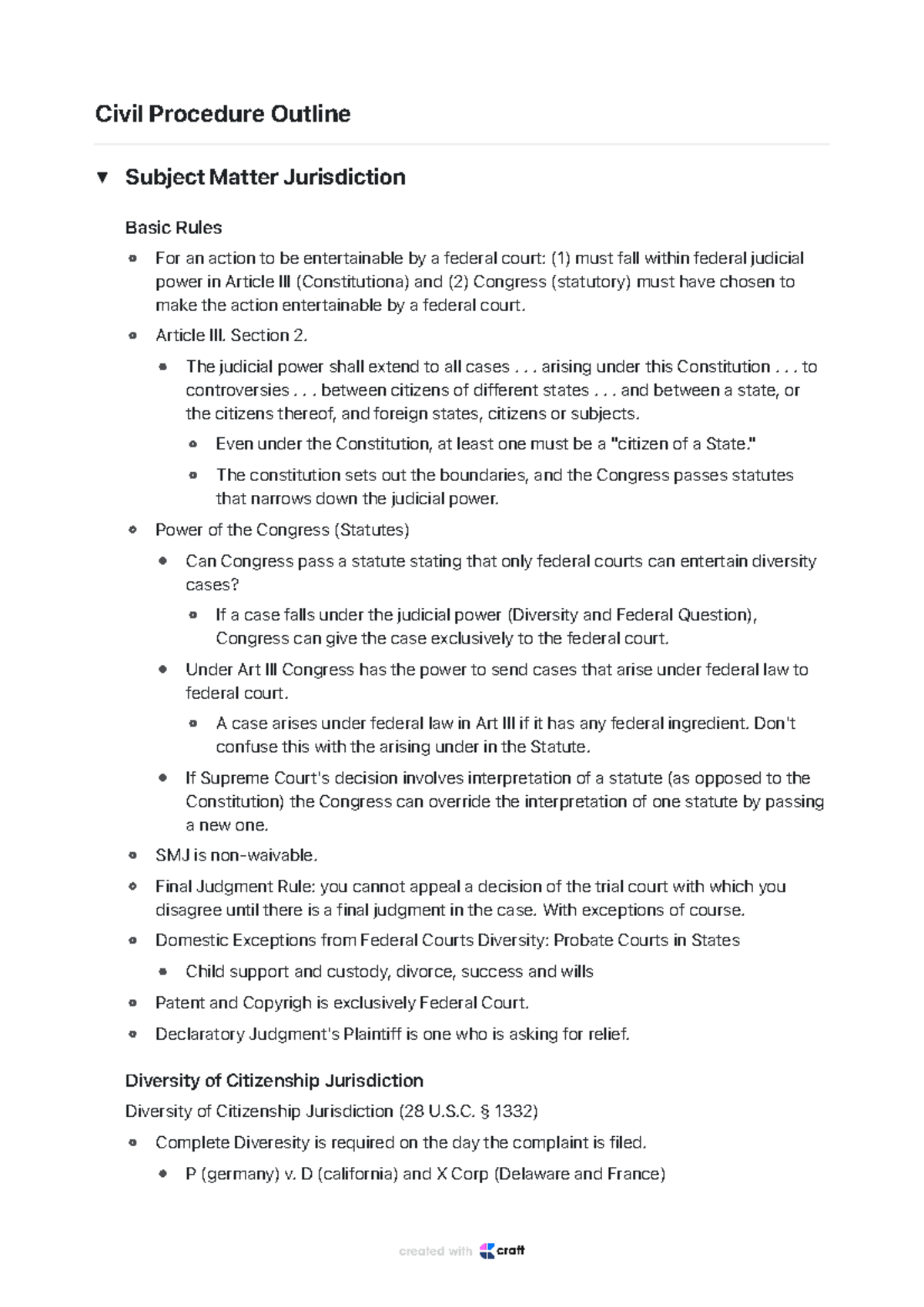 Civil Procedure Outline - Civil Procedure Outline Subject Matter ...